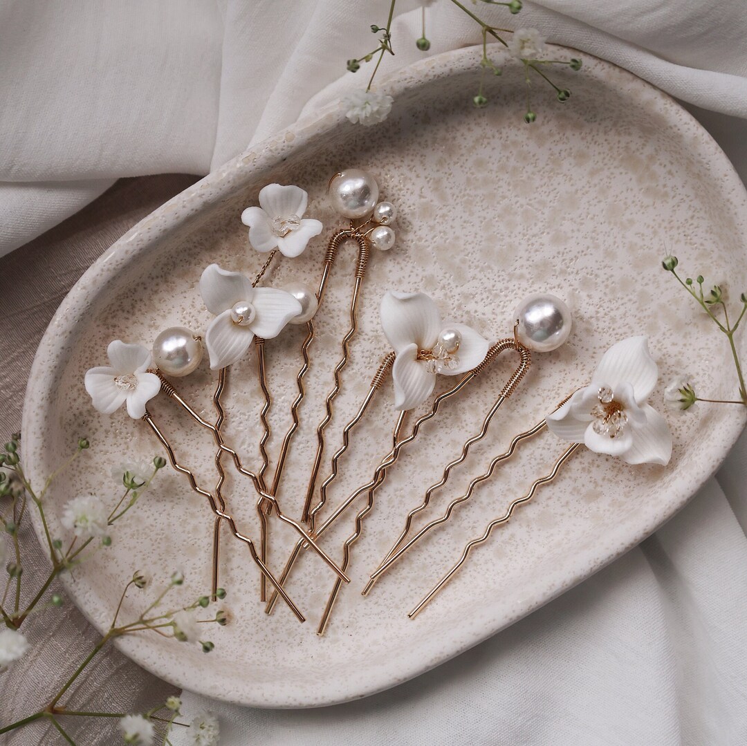 White Pearl Flower Porcelain Hair Pins Mix, Bridal Gold Silver Hair ...