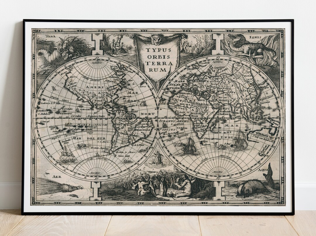 1636 World Map, Atlas Map, Antique, Typus Orbis Terrarum, Nova Zembla ...