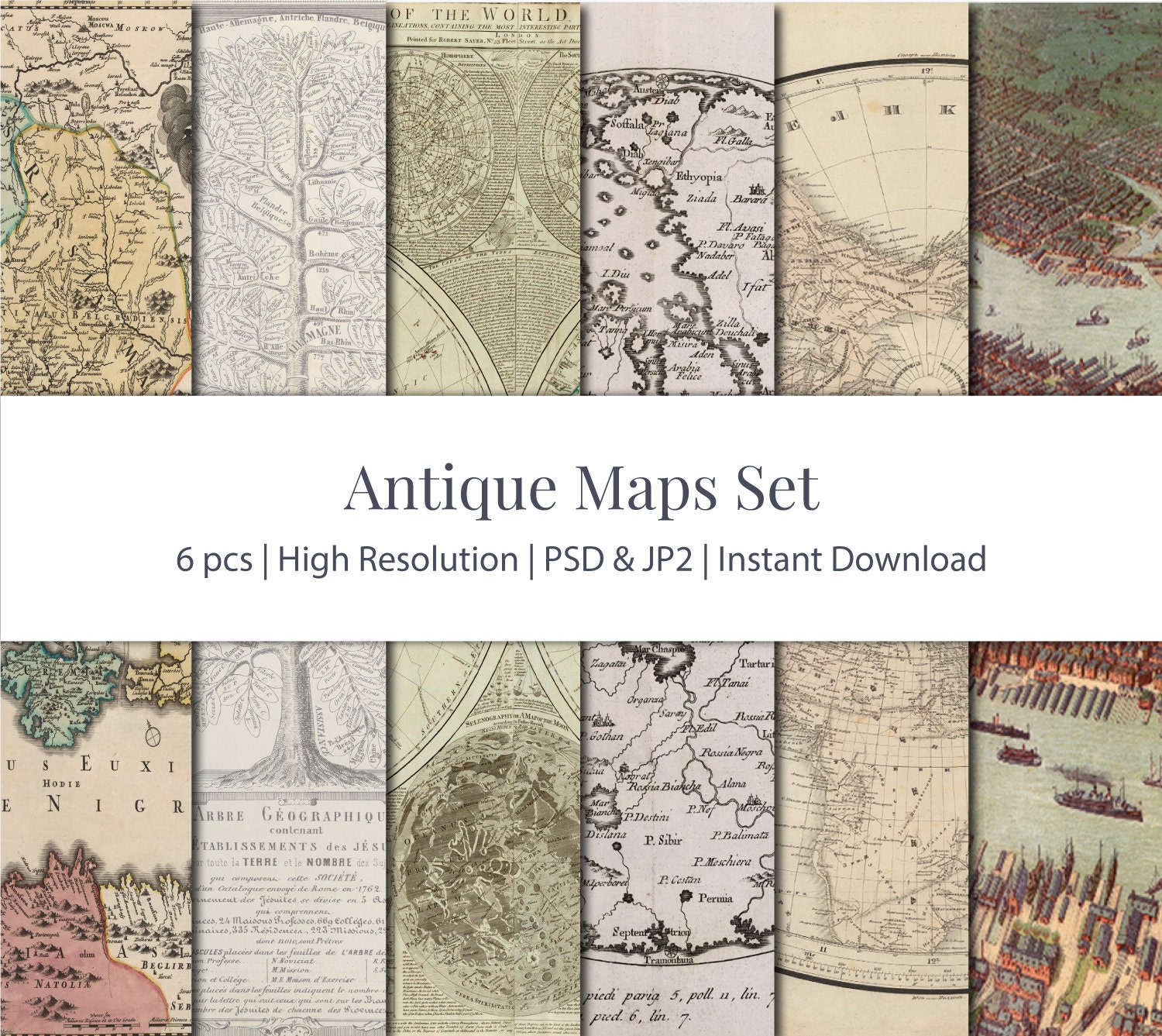 Antique Maps Set 6 Pcs, 1716-1908, Map of the World, Antique Map, Atlas ...