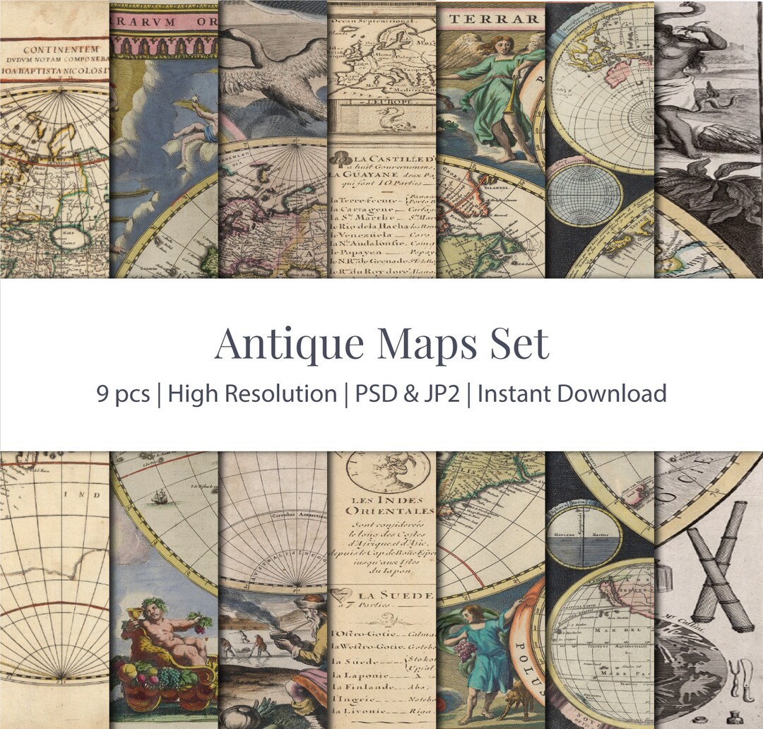 Antique Maps Set 9 Pcs, 1660-1714, Map of the World, Antique Map, Atlas ...