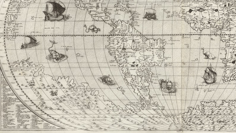 1568 Map of the World. Tartaria, Moscovia, Polonia, Scotia, Castilia ...