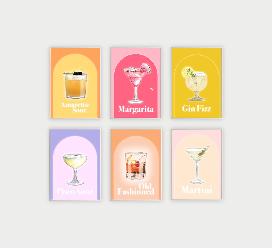 Cocktail Print Set of 6, Colorful Gallery Wall Art Posters, Retro Bar ...