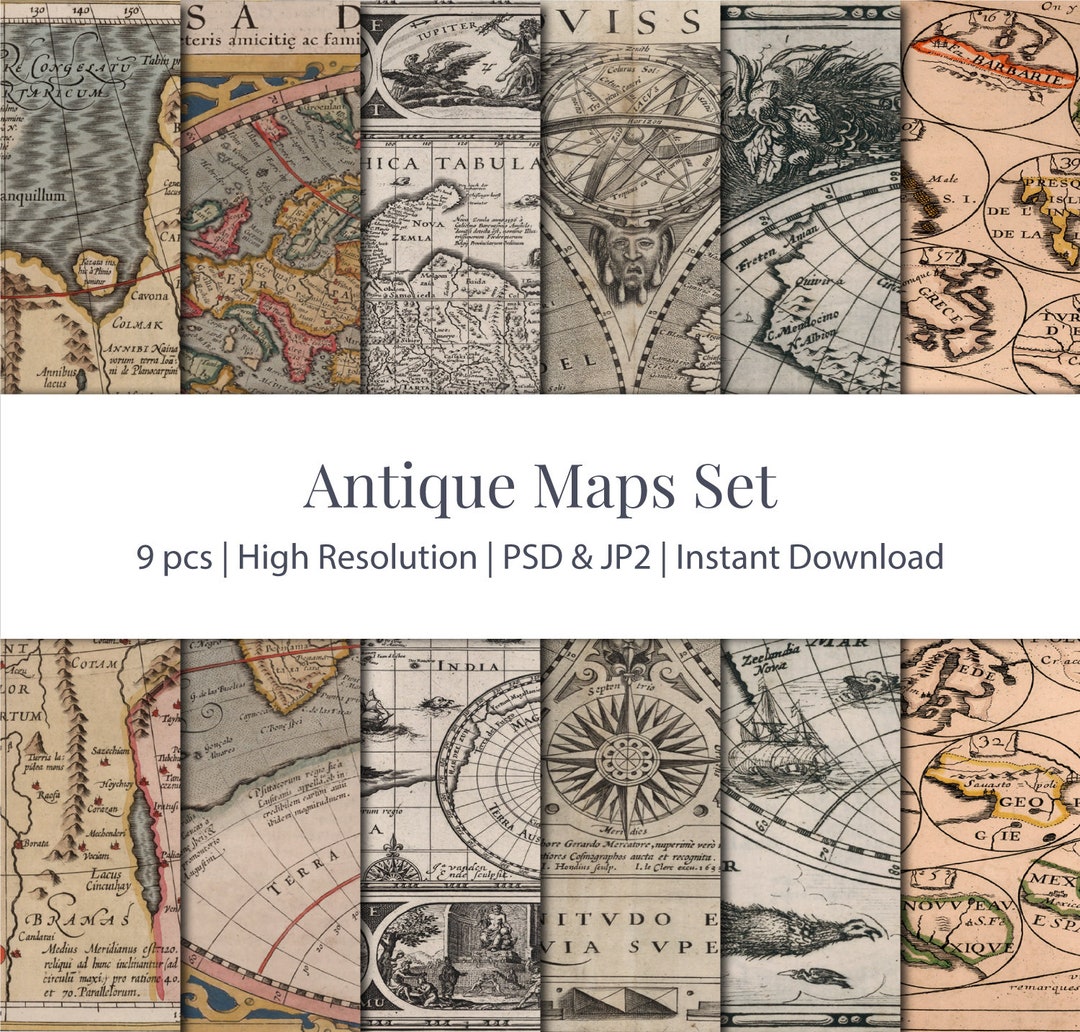 Antique Maps Set 9 Pcs, 1623-1652, Map of the World, Antique Map, Atlas ...