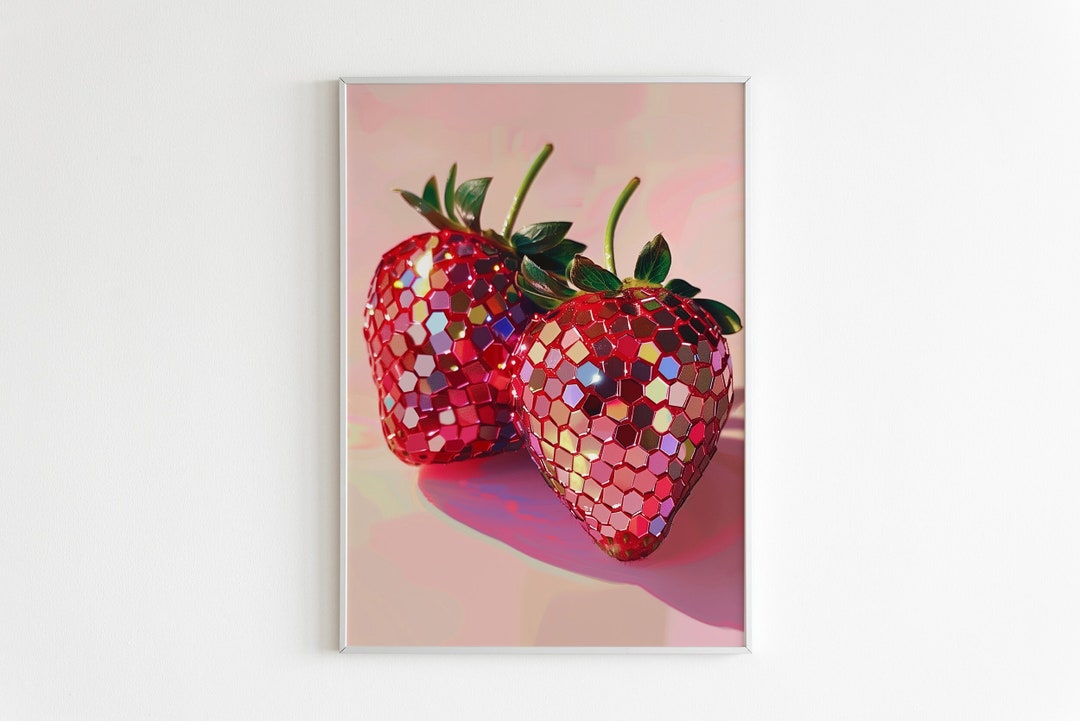 Disco Strawberry Art, Glitter Berry Poster, Pink Fruit Print, Modern ...