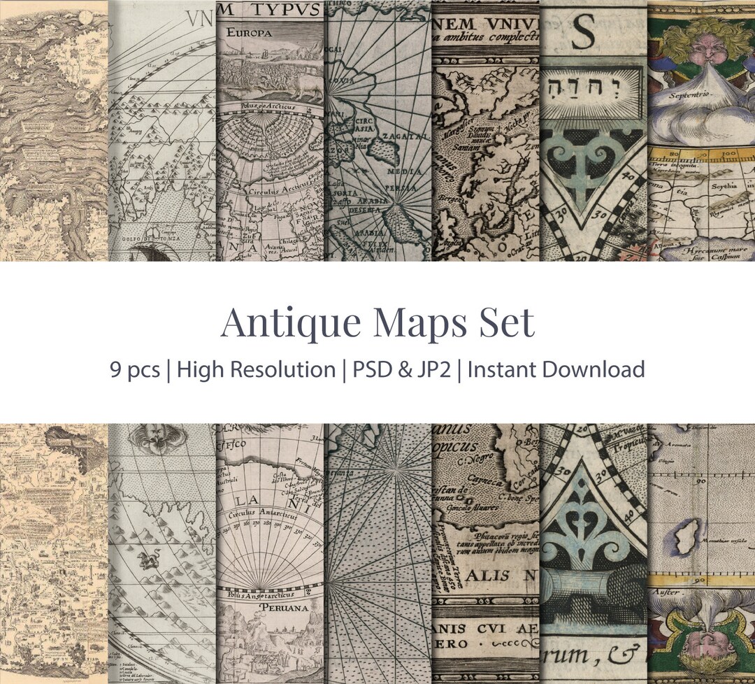 Antique Maps Set 9 Pcs, 1450-1618, Map of the World, Antique Map, Atlas ...