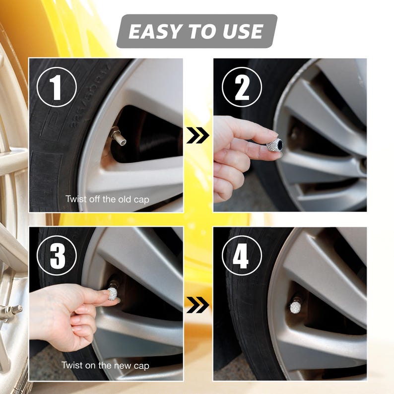 Bling Tire Valve Caps – 4 Pack Crystal Rhinestone Valve Stem Covers ...