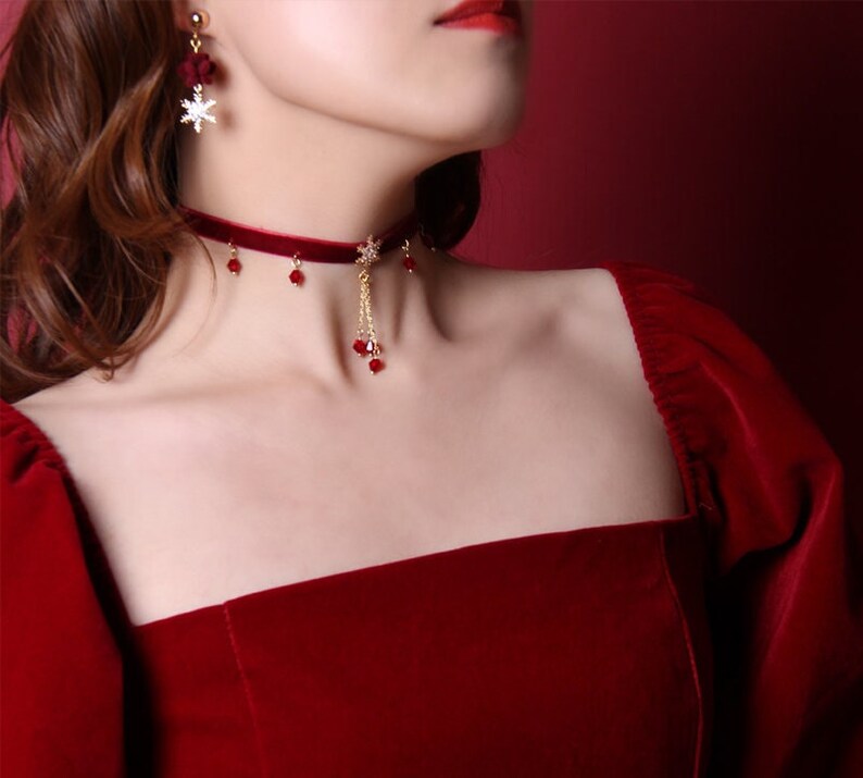 Red Velvet Tight Choker Necklace With Snowflake Charm Layered - Etsy