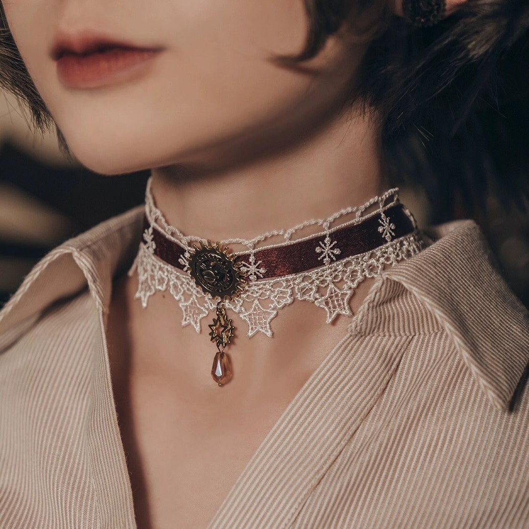 Steampunk Choker With Lace, Red Ribbon Choker With Metal Gear - Etsy