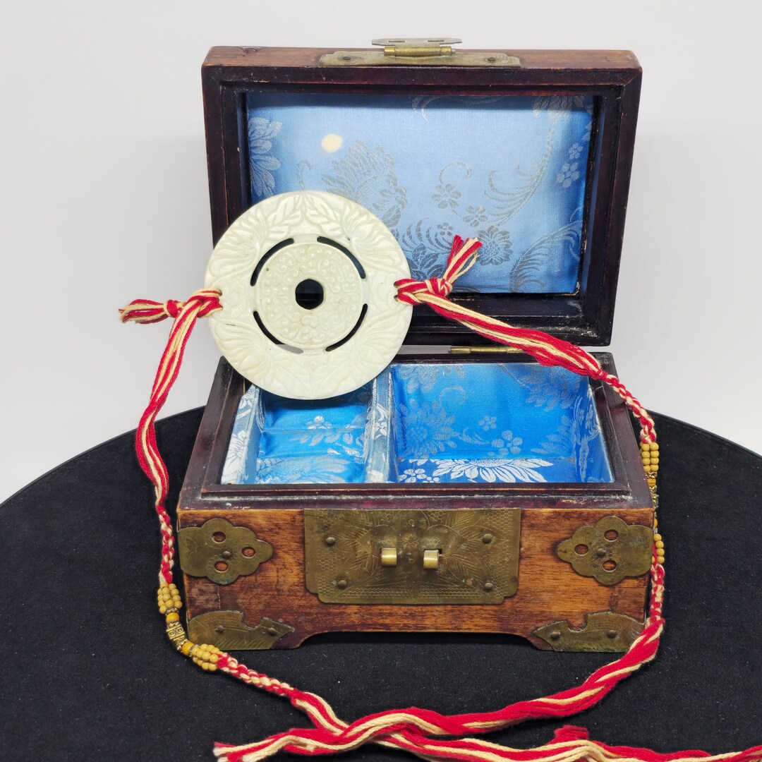 Vintage Chinese Themed Small Wooden Jewelry Box and Jade-like Stone ...