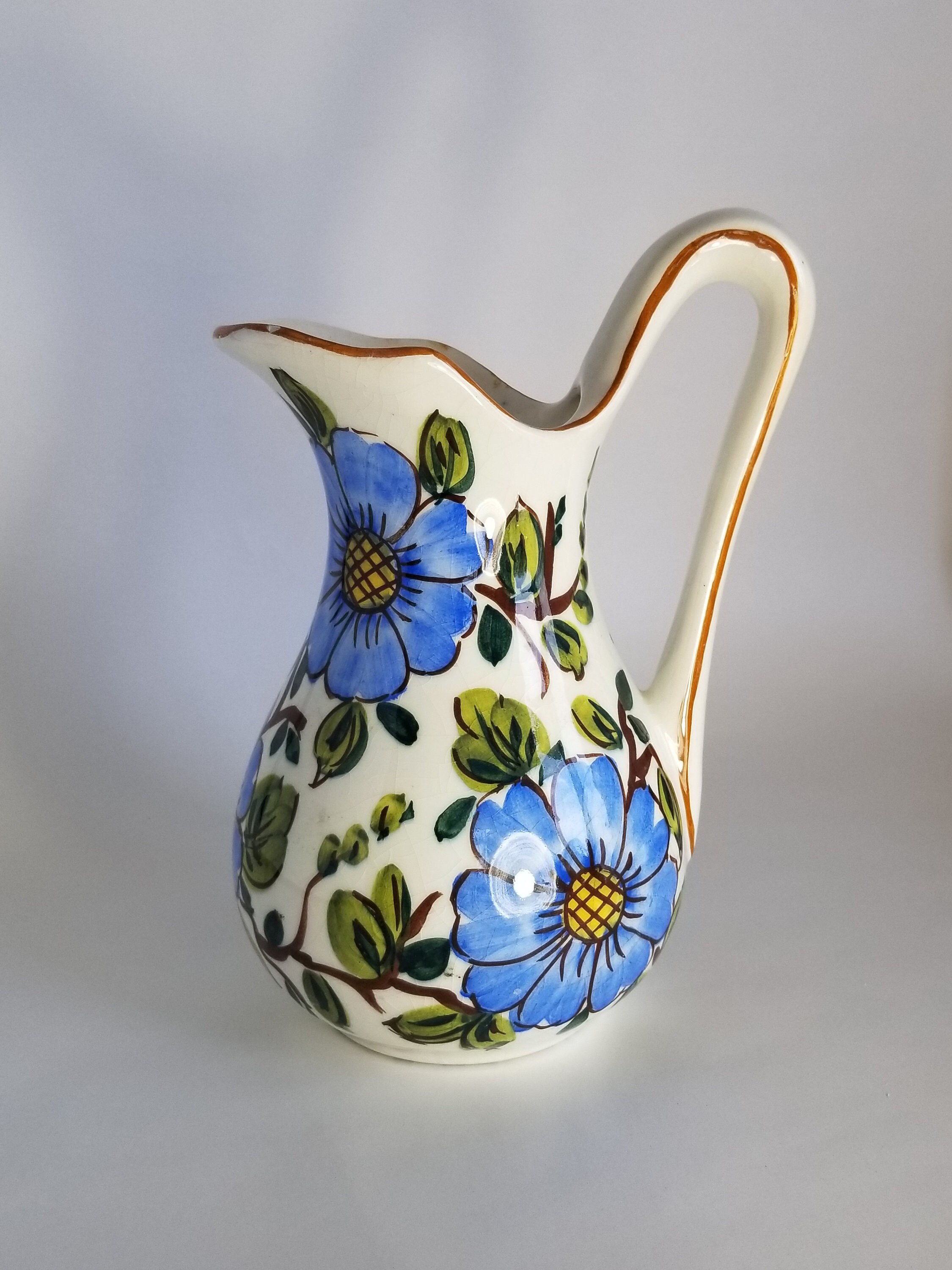 Vintage Ceramic Pitcher Jug Hand-painted Blue Flowers - Etsy