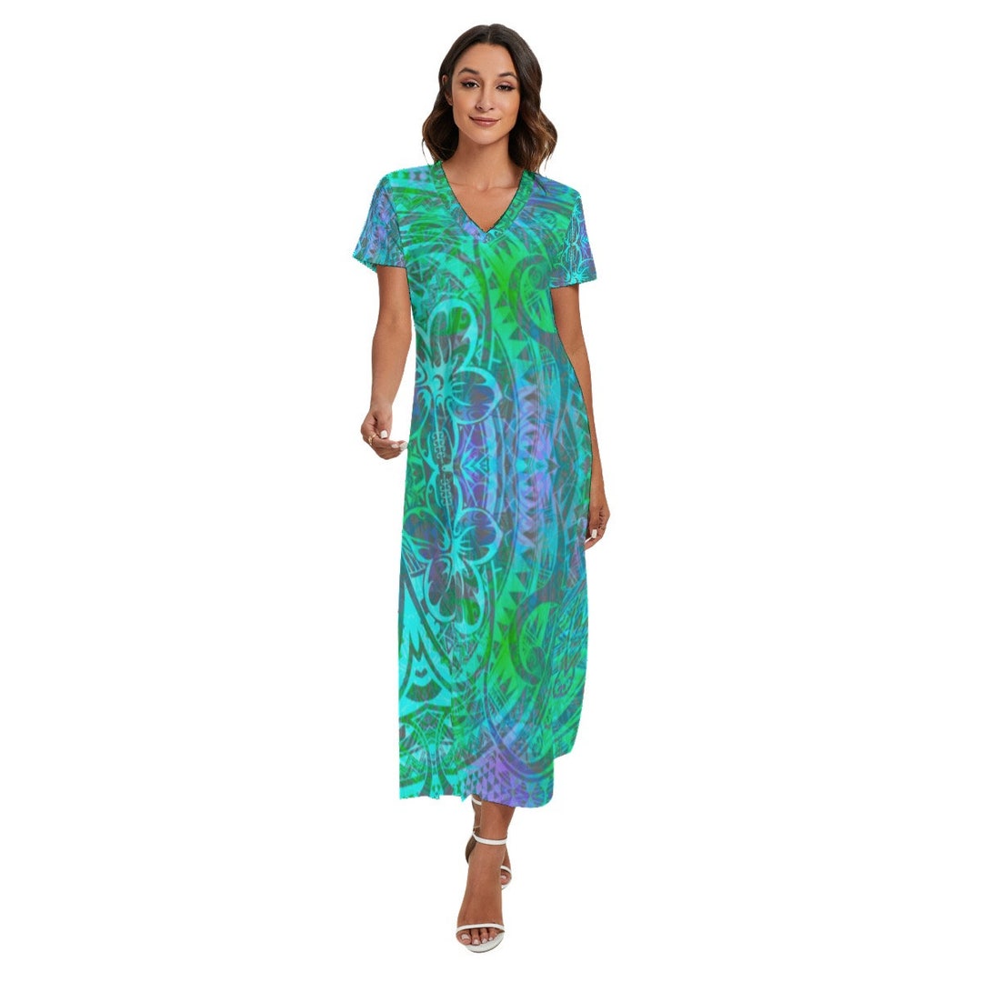 Kiwiana Dress Polynesian Maxi Dress Hawaiian Print in the Color Kiwi ...