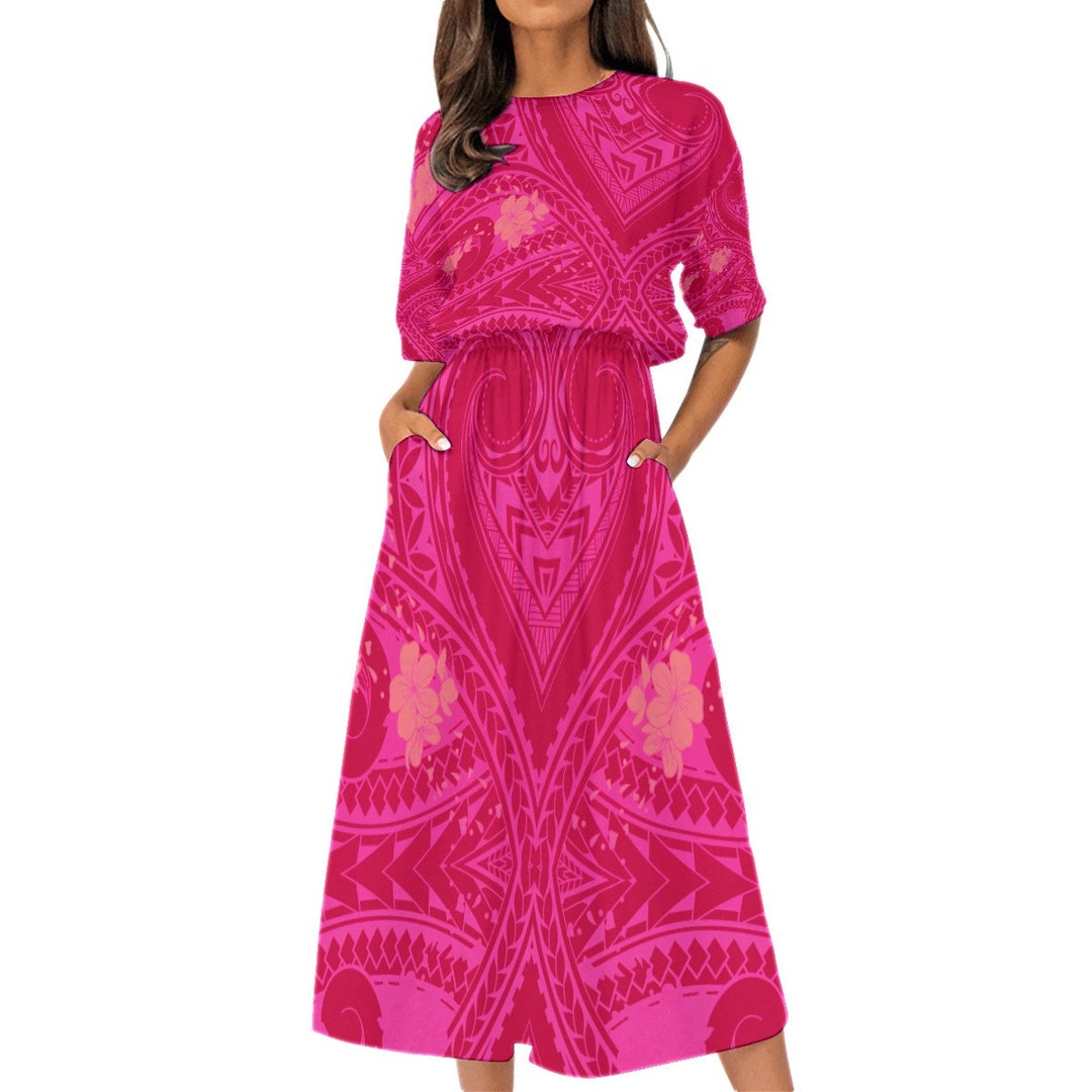 Samoan Tribal All-over Print Women's Elastic Waist Dress, Fushia Pink ...