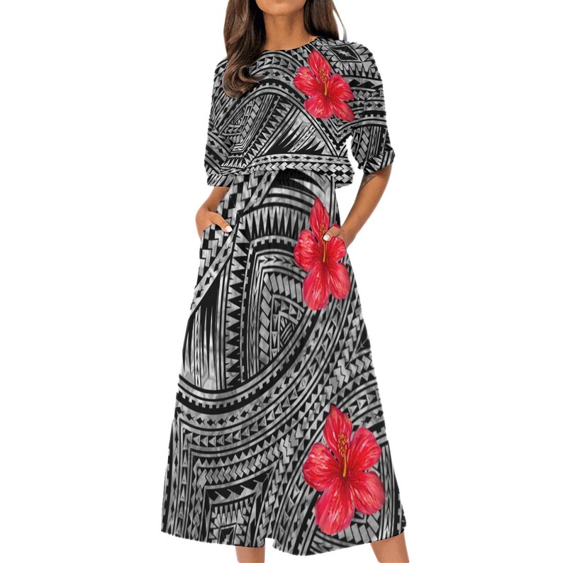 Samoa Tribal Dress, Red Hibiscus Elei All-over Print Women's Elastic ...