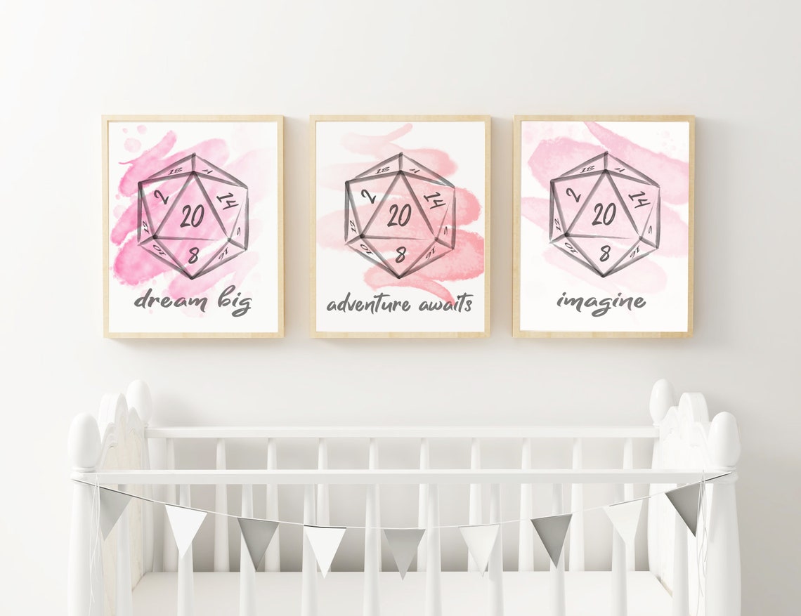Pink D20 Set of 3 Printable Geeky Baby Wall Art Dnd Nursery - Etsy