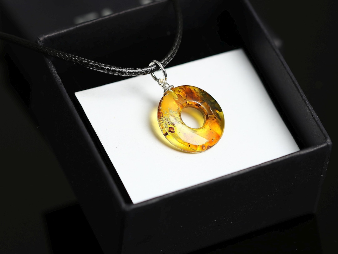 Small Round Amber Pendant, Sun Amulet, Unisex Necklace, Amber Donut ...
