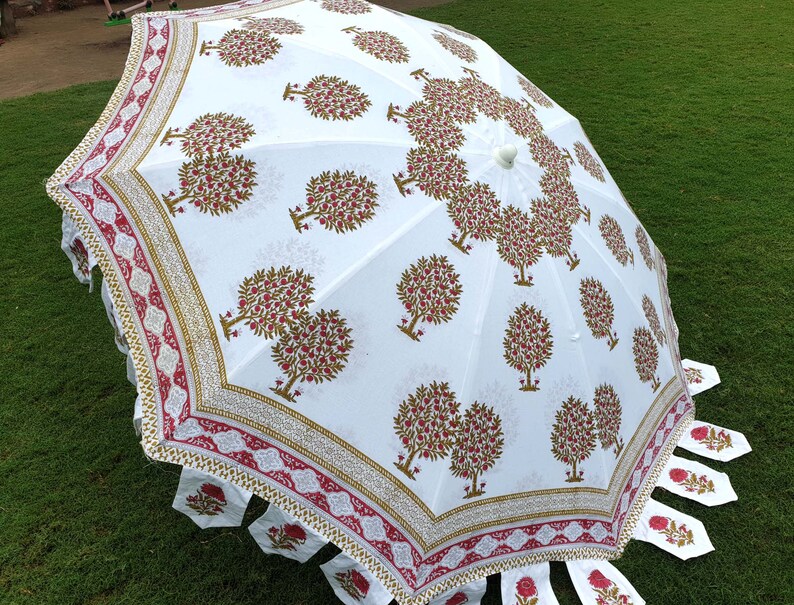 Big Garden Indian Parasol White & Pink Block Print Umbrella - Etsy