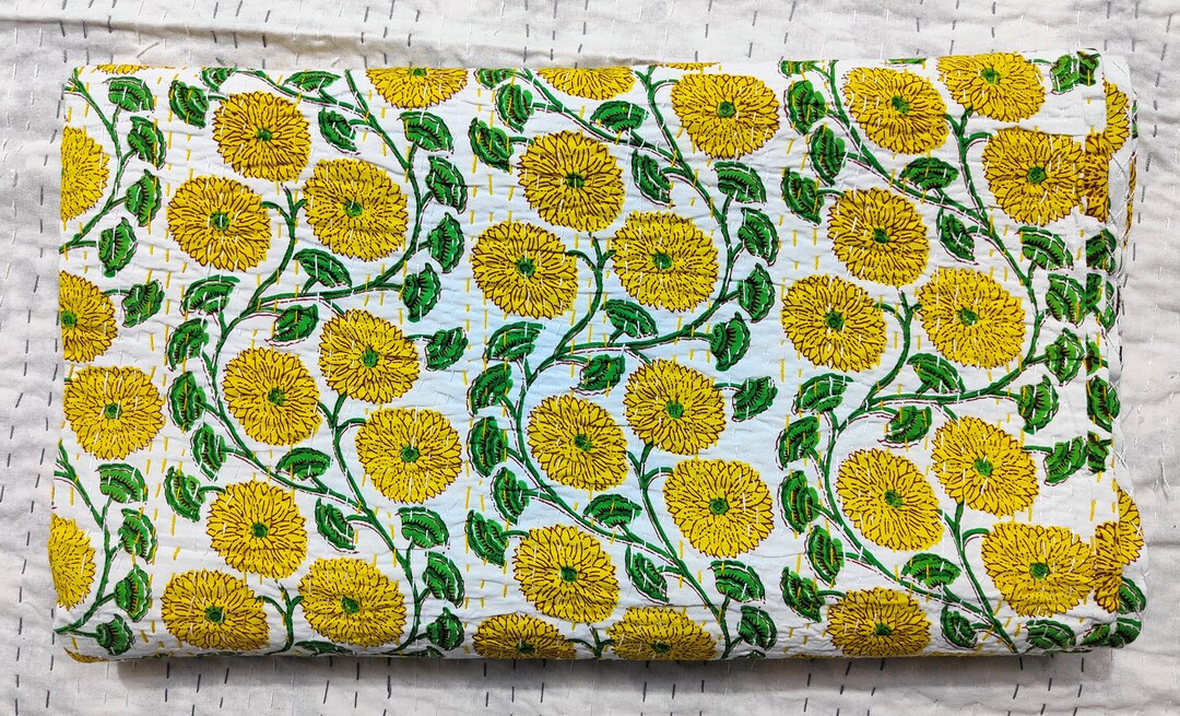 Kantha Kitty Floral Quilt Indian Bed Cover Kantha Throw Hand Block ...