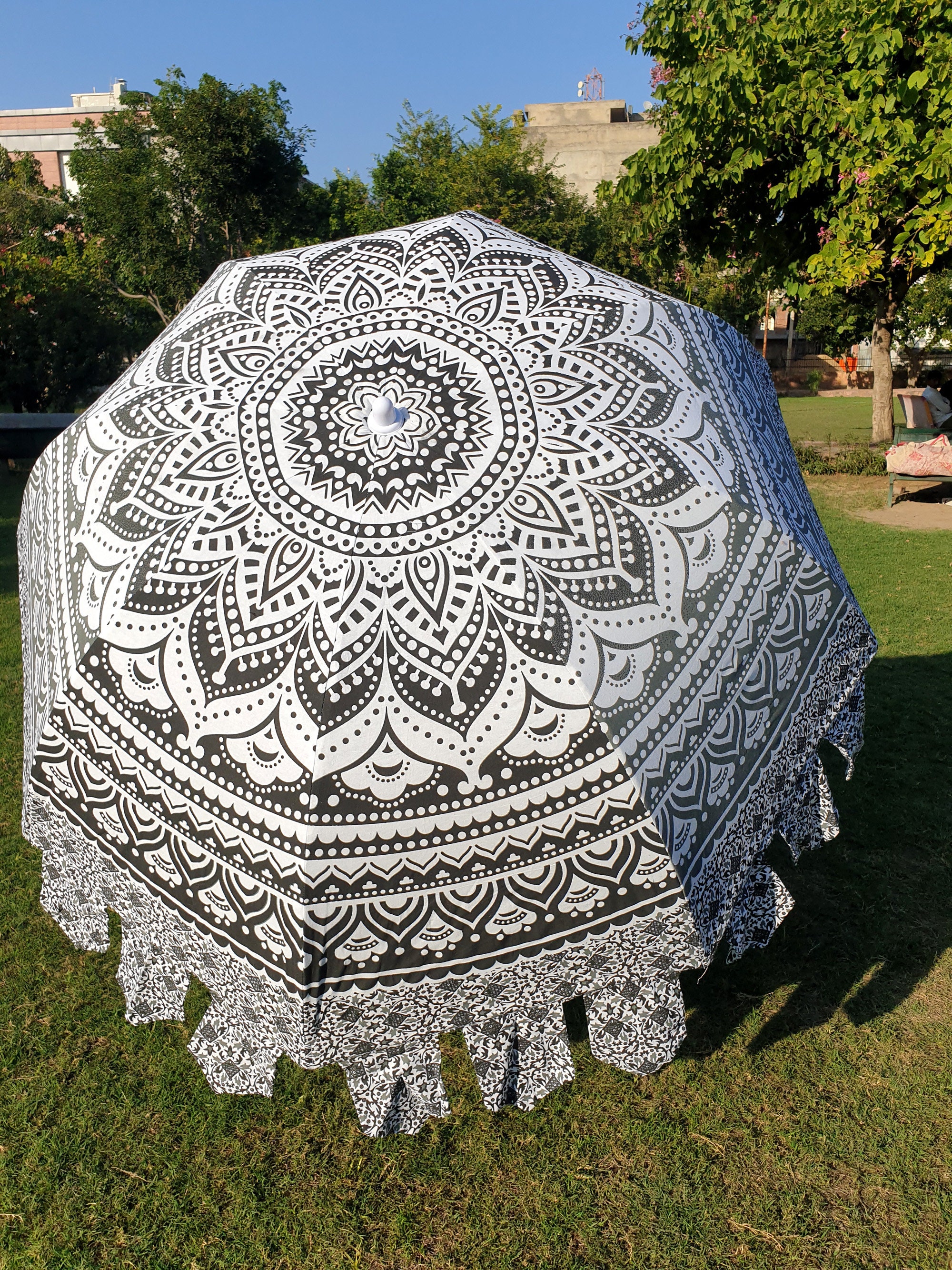 Handmade Cotton Patio Umbrella Indian Silver Mandala Garden | Etsy