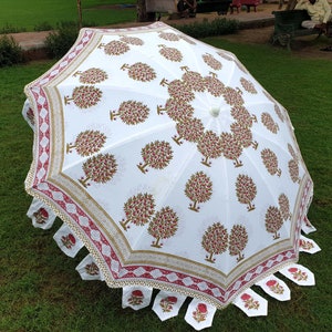 Big Garden Indian Parasol White & Pink Block Print Umbrella Outdoor ...