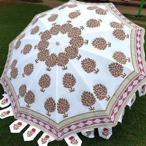 Big Garden Indian Parasol White & Pink Block Print Umbrella Outdoor ...