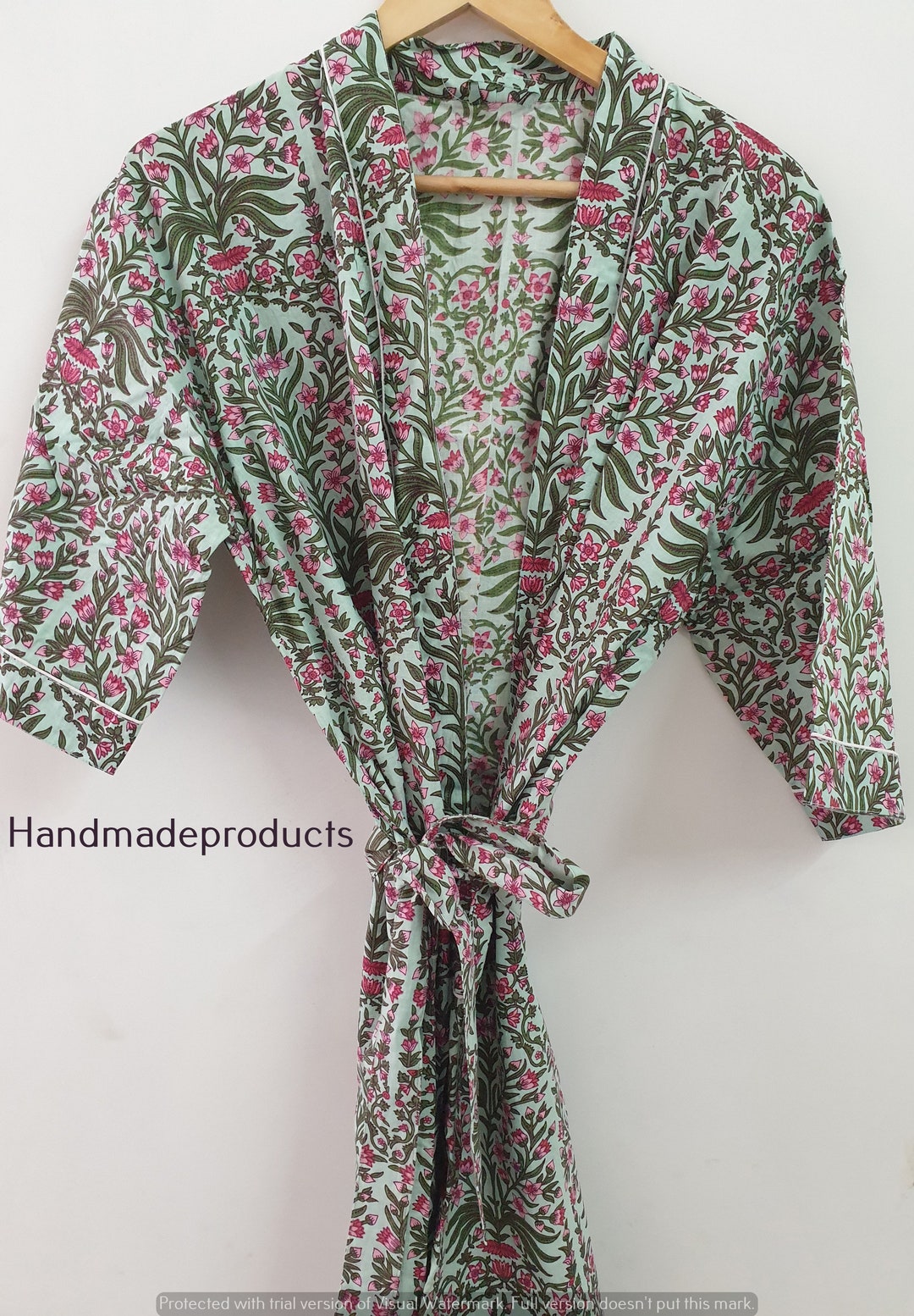 Cotton Floral Kimono Robes for Women, Indian Dressing Gown, Unisex Hand ...