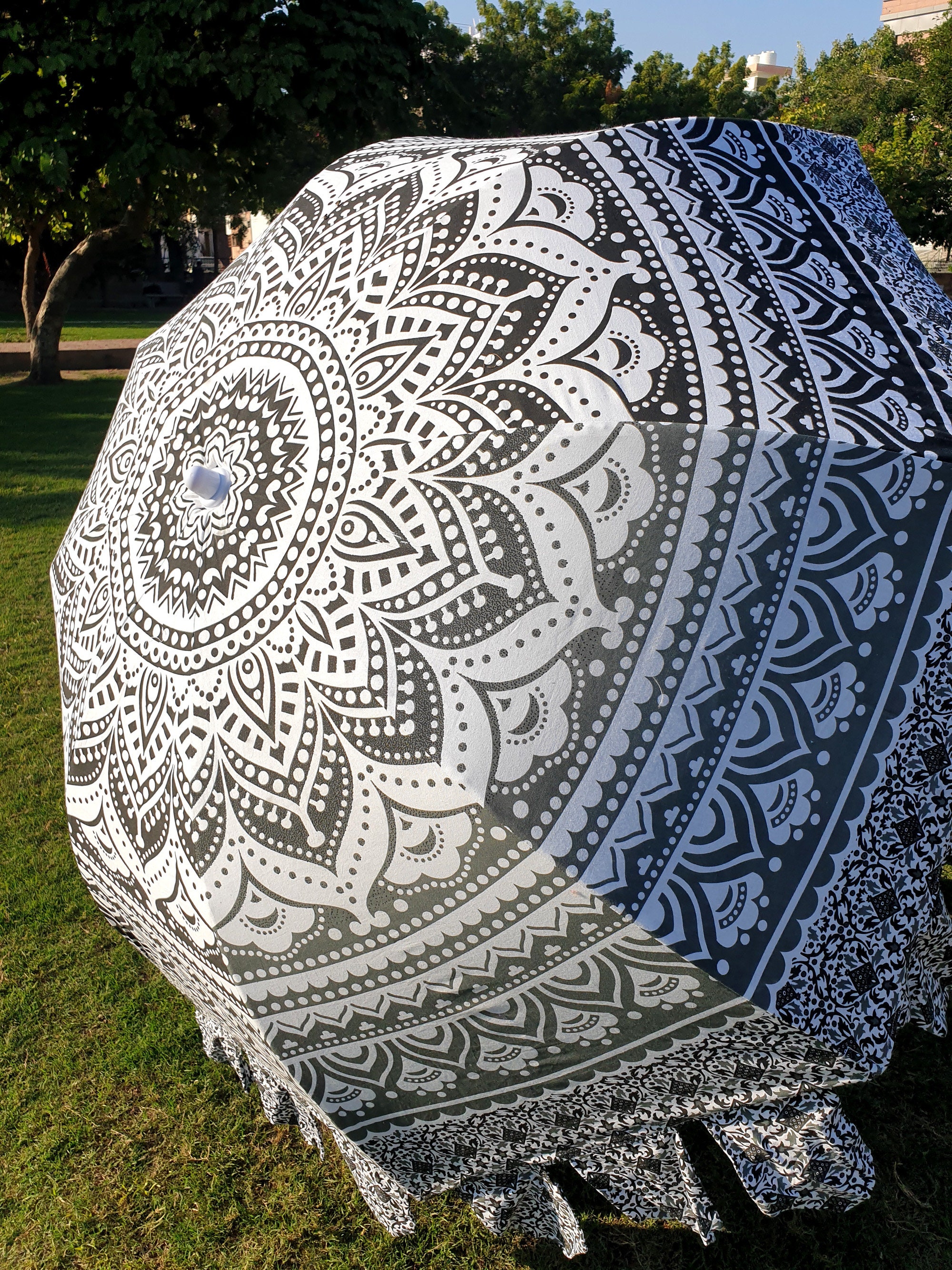 Handmade Cotton Patio Umbrella Indian Silver Mandala Garden | Etsy
