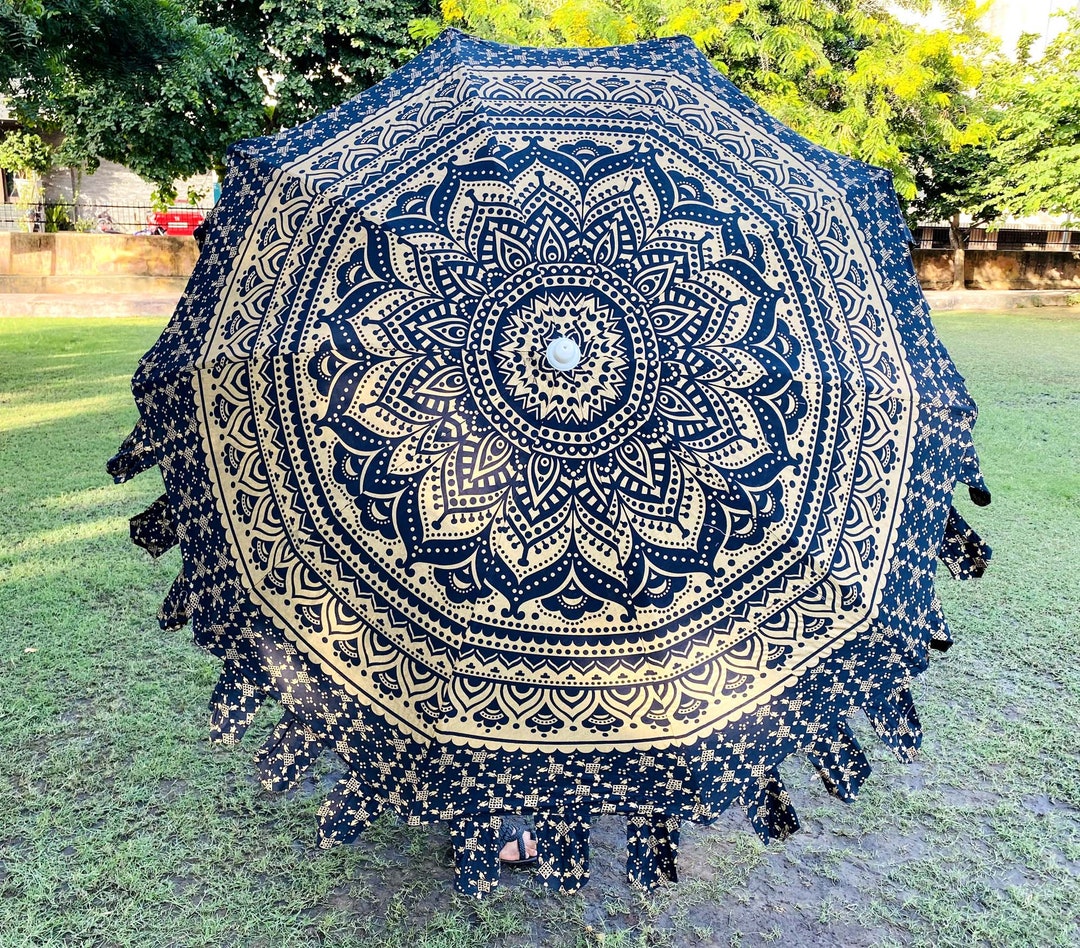 Indian Golden Printed Mandala Big Umbrella, Indian Handmade Cotton ...