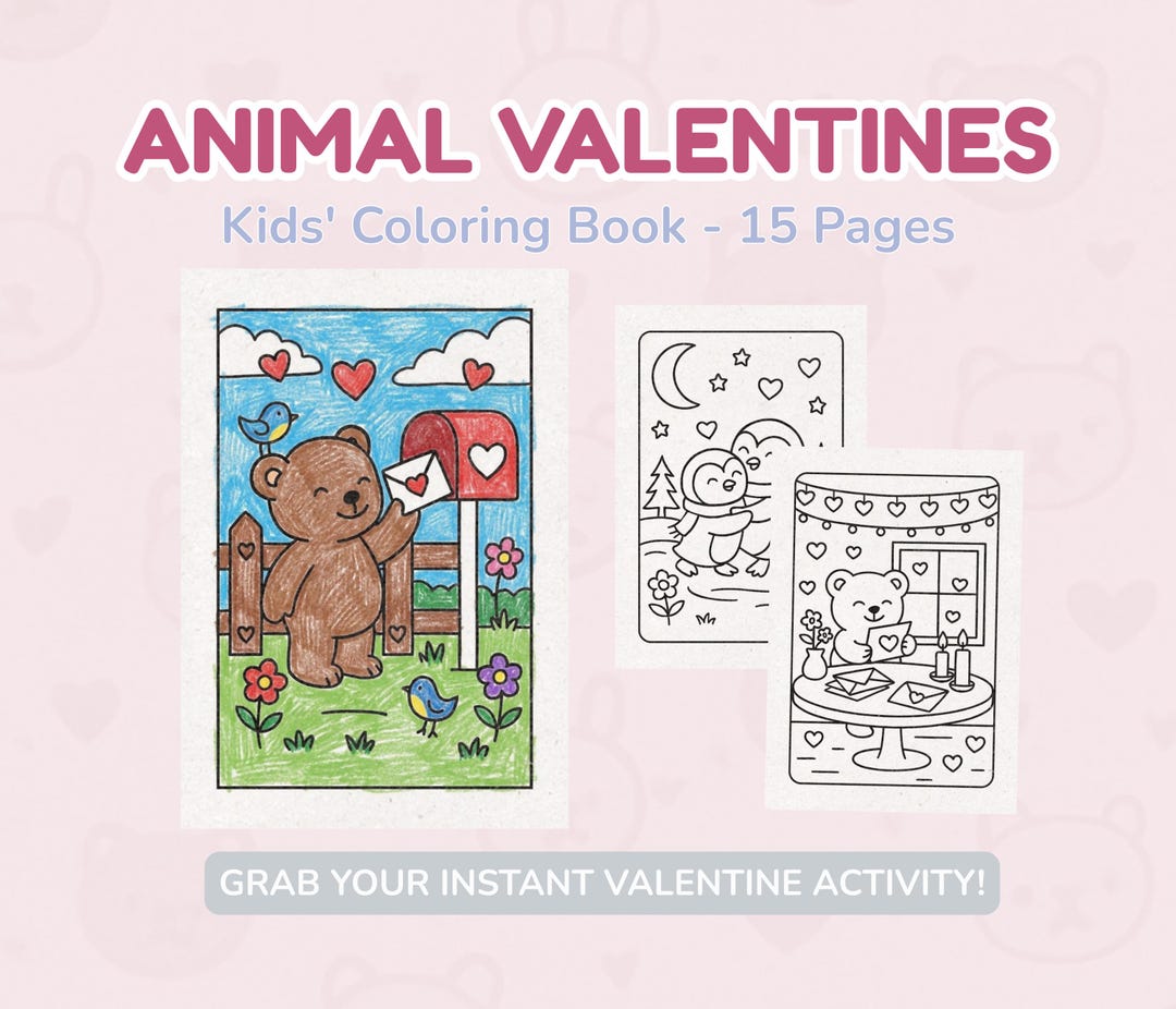 Easy Animal Valentine Coloring Pages - Kawaii PDF for Kids & Classrooms ...