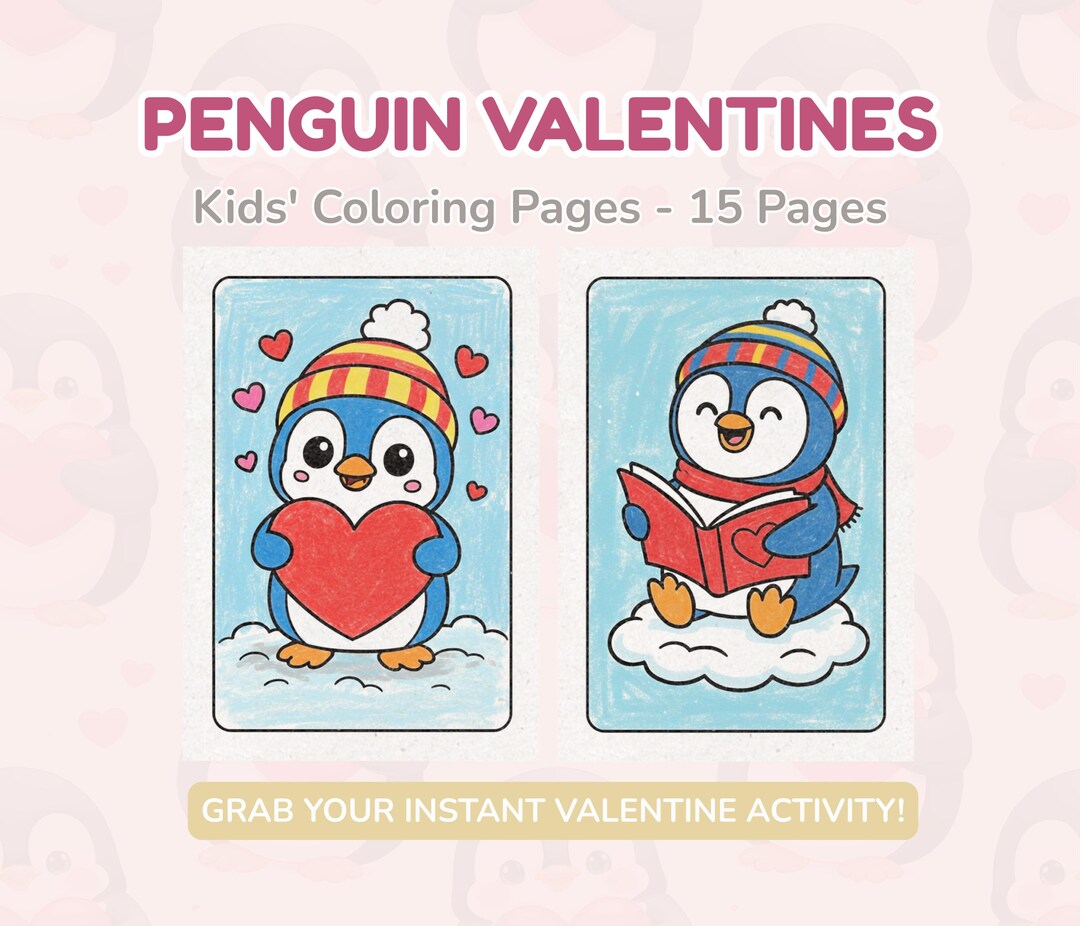 Valentine Penguin Coloring Pages – Kids' Activity, 15 Designs (digital ...