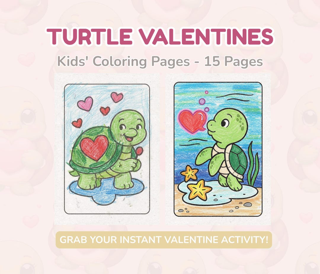 Valentine Turtle Coloring Page - Digital Download - Kids Craft Activity ...