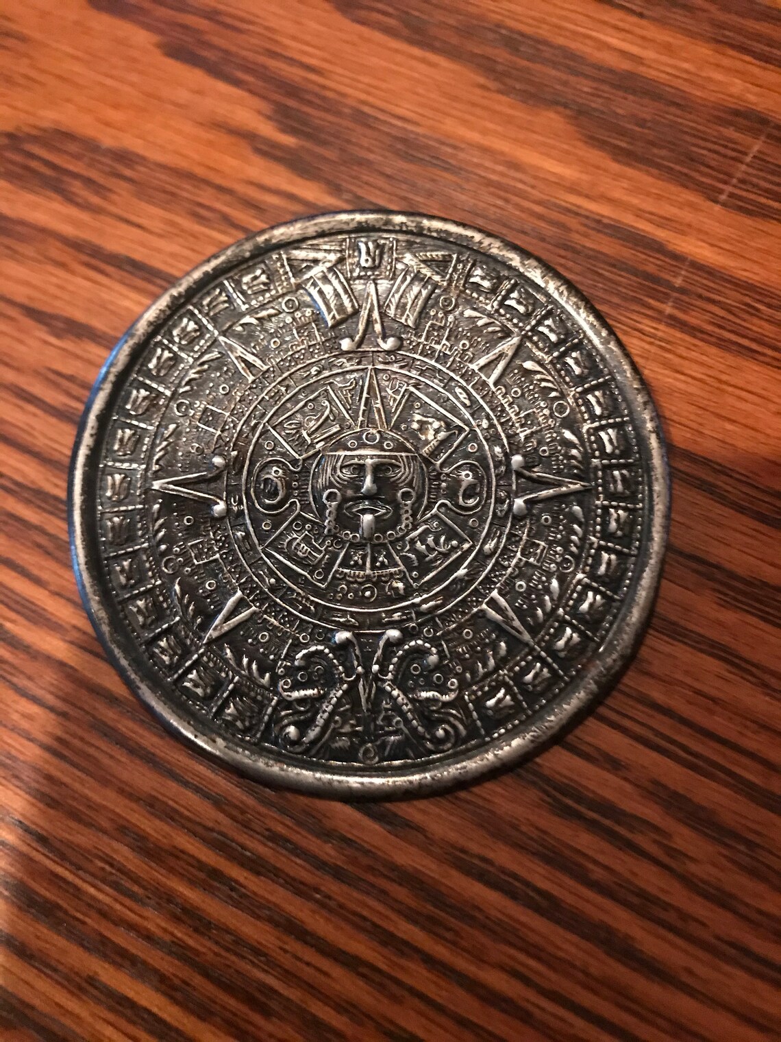Large Vintage Sterling Silver Mayan Calendar Brooch Pendant Signed