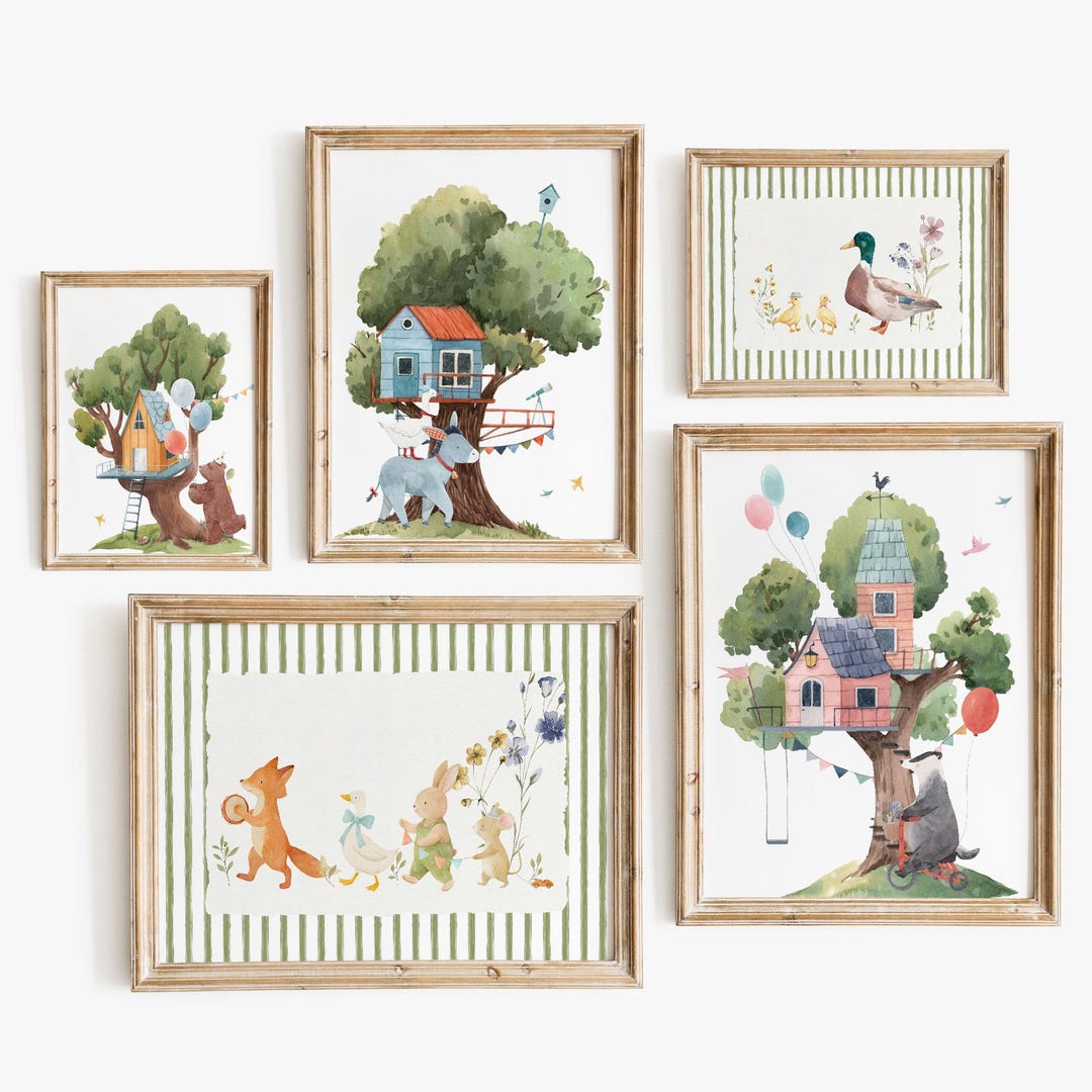 Woodland Party Animal Nursery Prints Set of 5 | Watercolor Treehouse ...