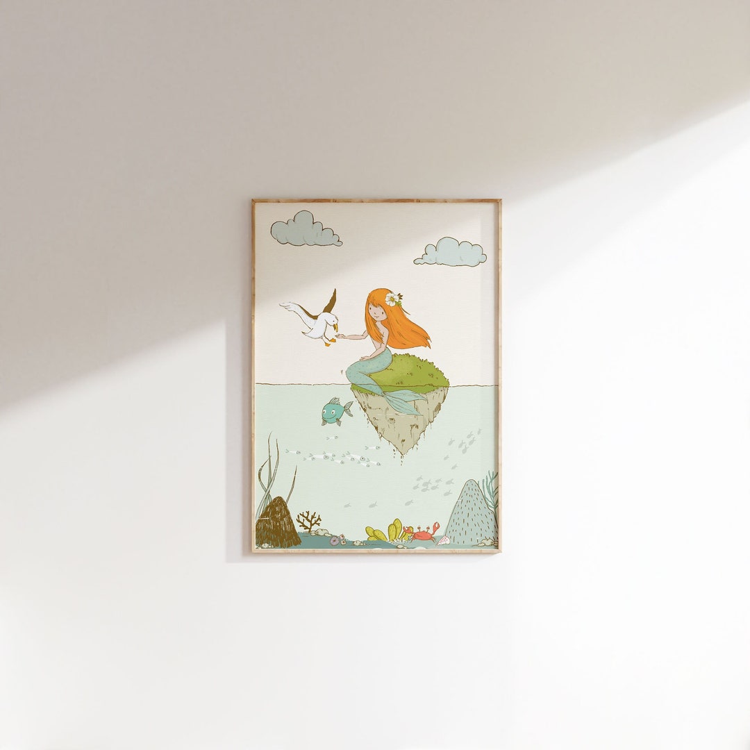 Little Mermaid and a Seagull Art Print| Mermaid Nursery Wall Decor ...