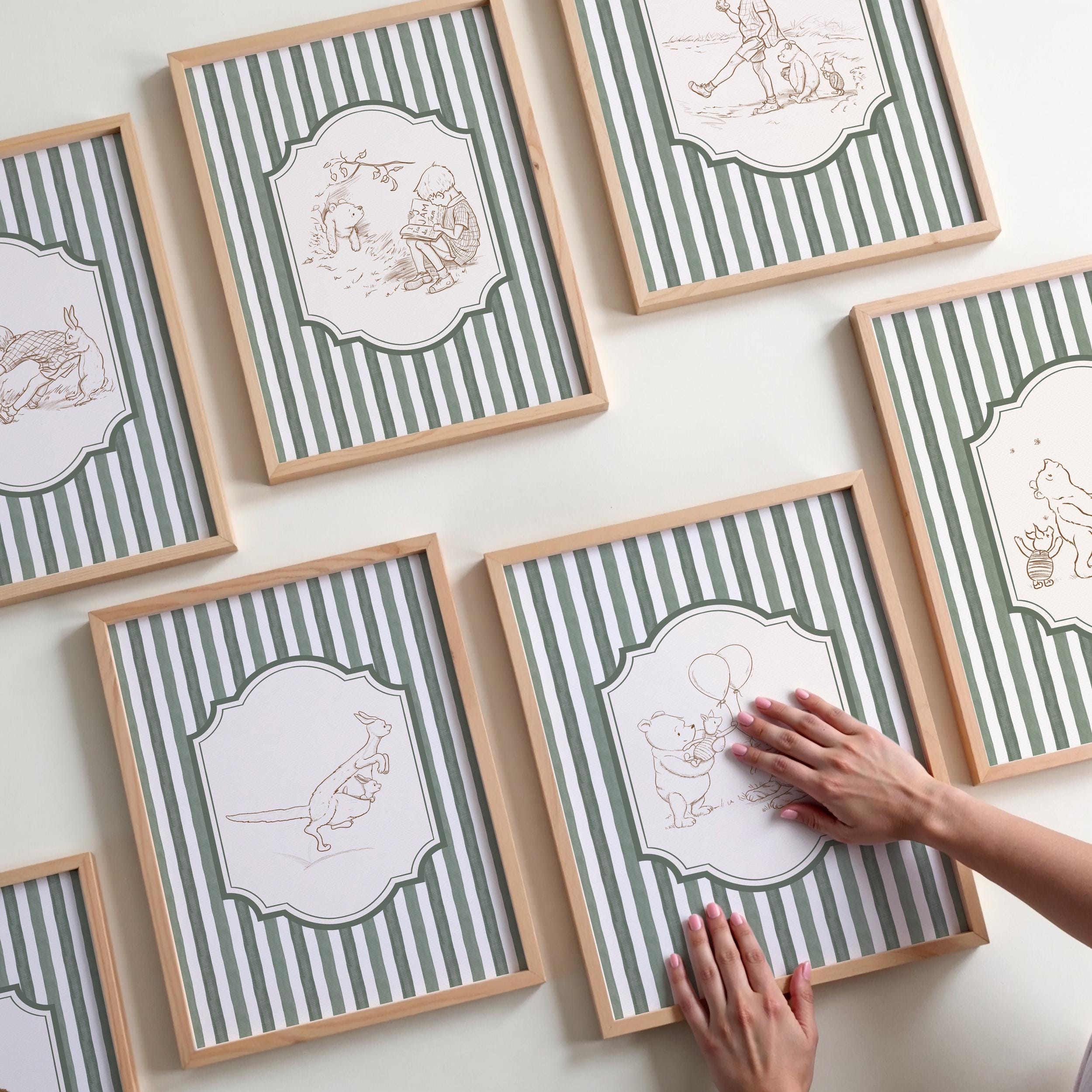 Set of 6 Classic Style Winnie the Pooh and Friends Wall Art | Green ...