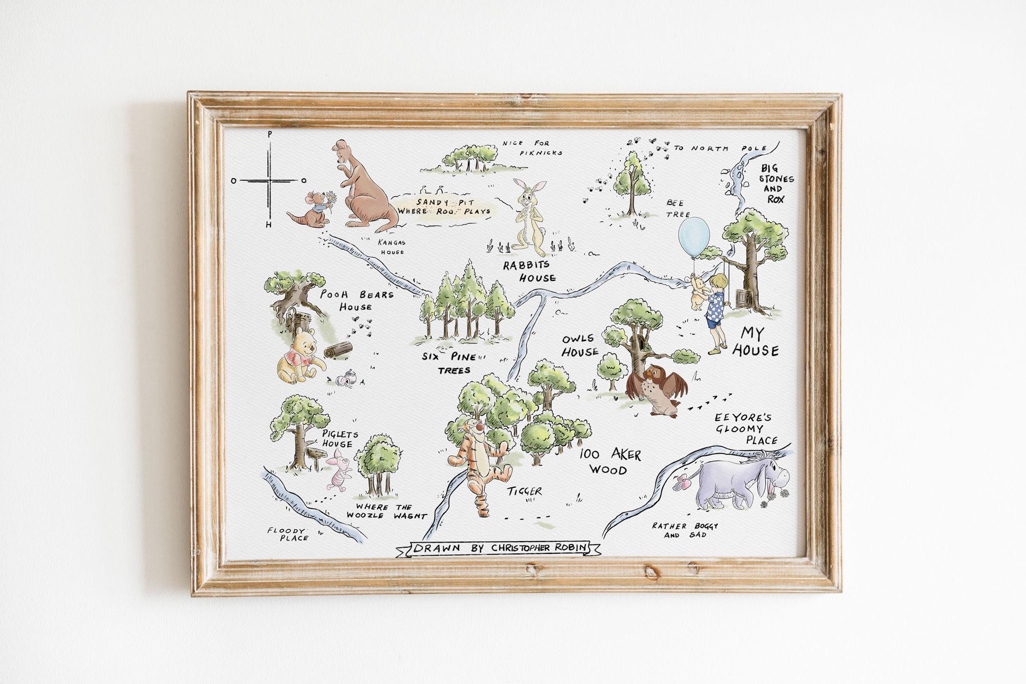 Winnie the Pooh Map Wall Art | 100 Acre Wood Map Printable Art | 100 ...