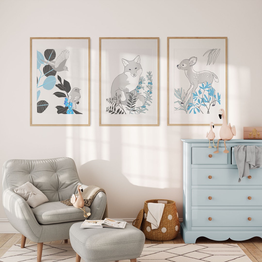 Set of 3 Forest Friends Printable Wall Art Fox, Birds and Deer Wall Art ...