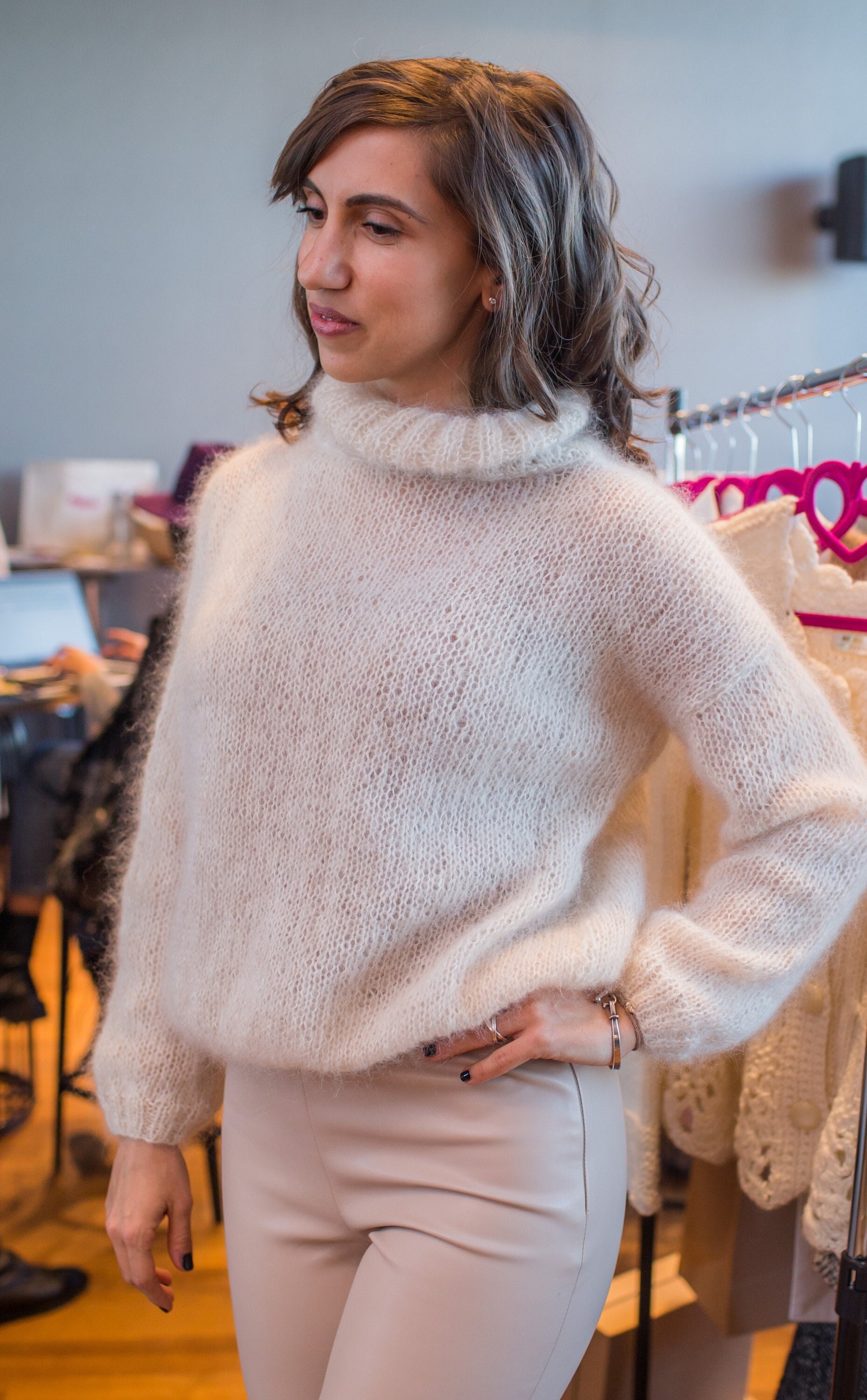 Off White Mohair Sweater For Women Crochet Fluffy Pullover Etsy