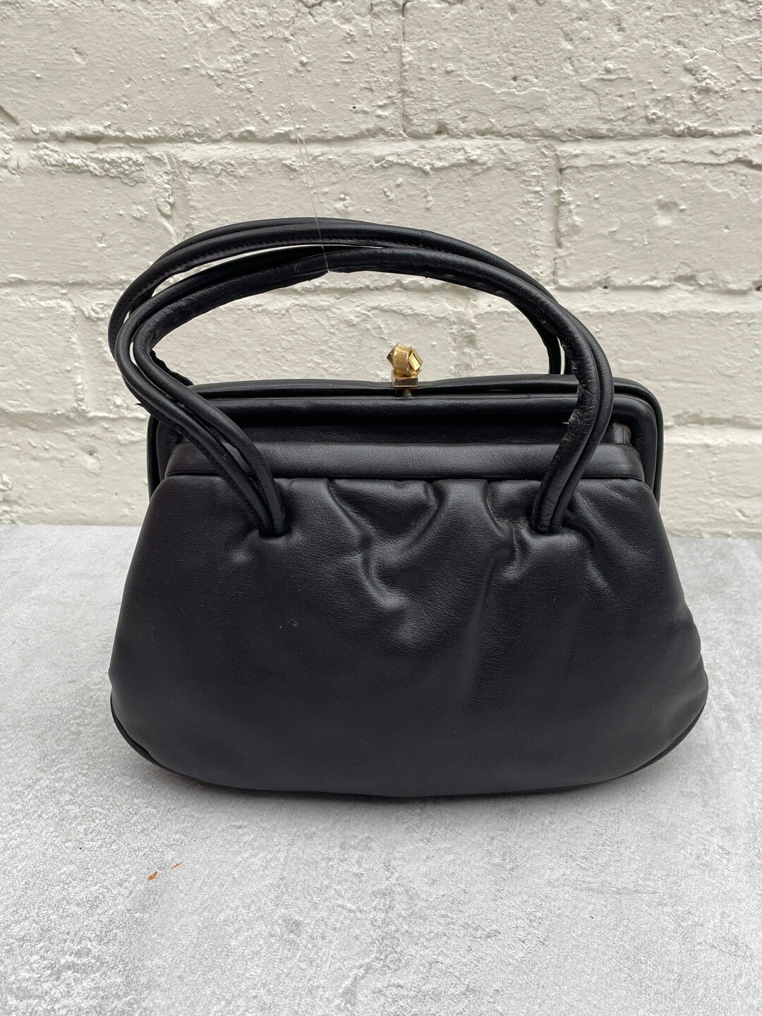 1950s Double Handle Small Black Leather Handbag - Etsy