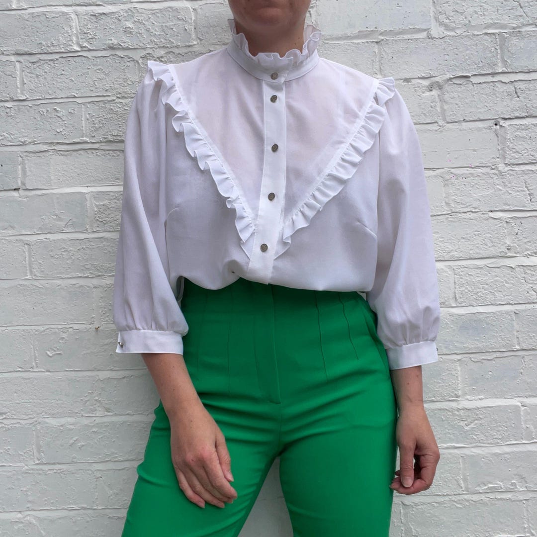 Vintage White Ruffle Bib Fronted Lightweight Blouse UK Size up to 14 - Etsy