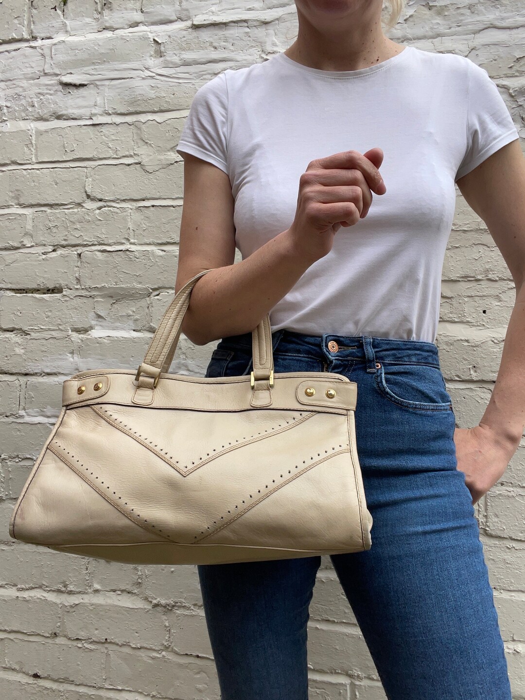 Off White Colour Leather Twin Handle Bag - Etsy