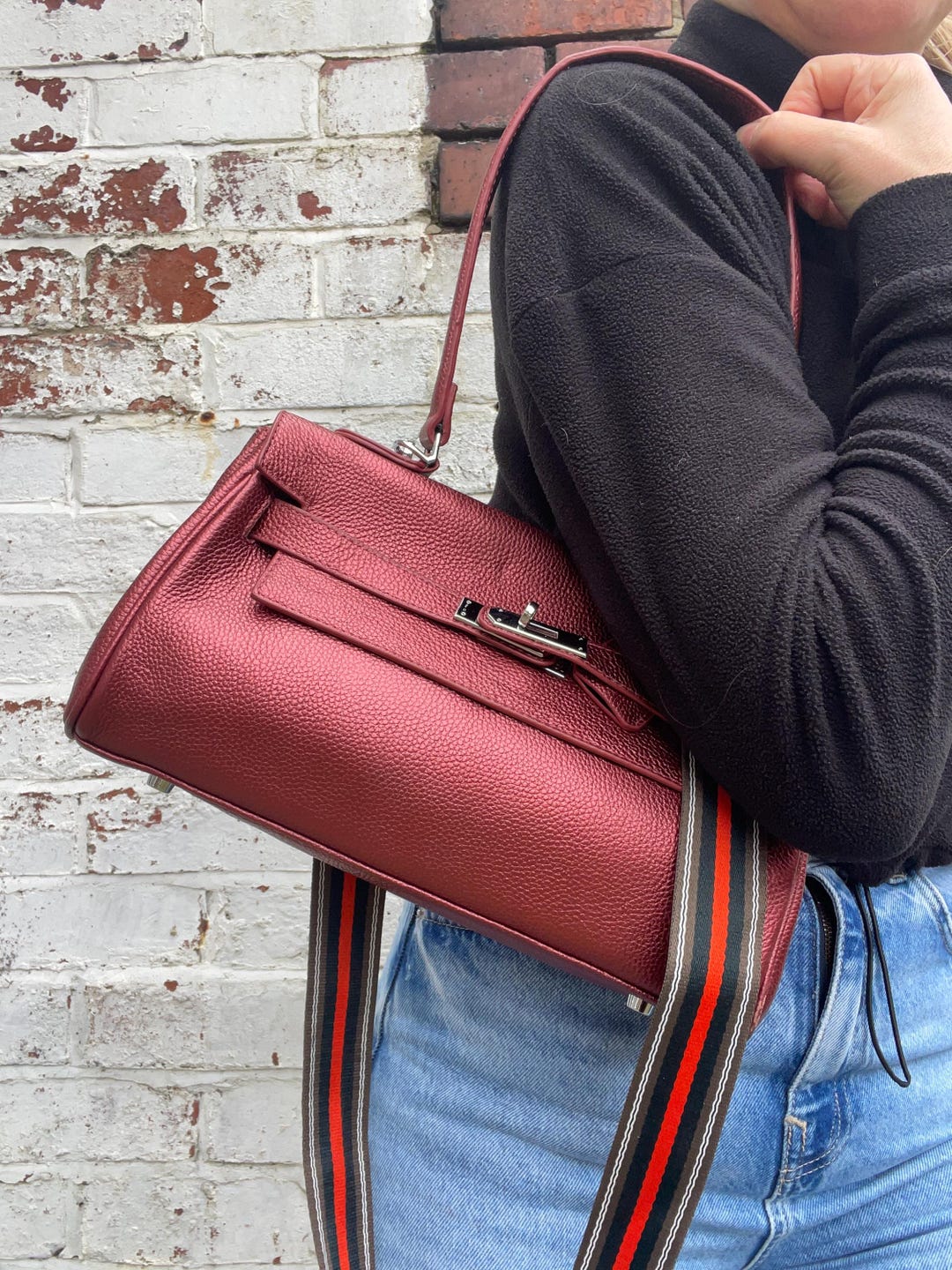 Metallic Red Leather Twist Lock Handbag With Two Straps - Etsy
