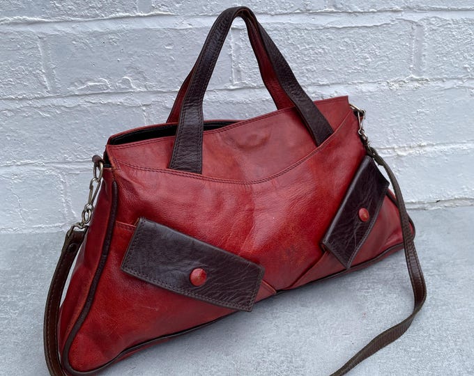 1970s Battered Red & Brown Leather Top Handle Bag - Etsy