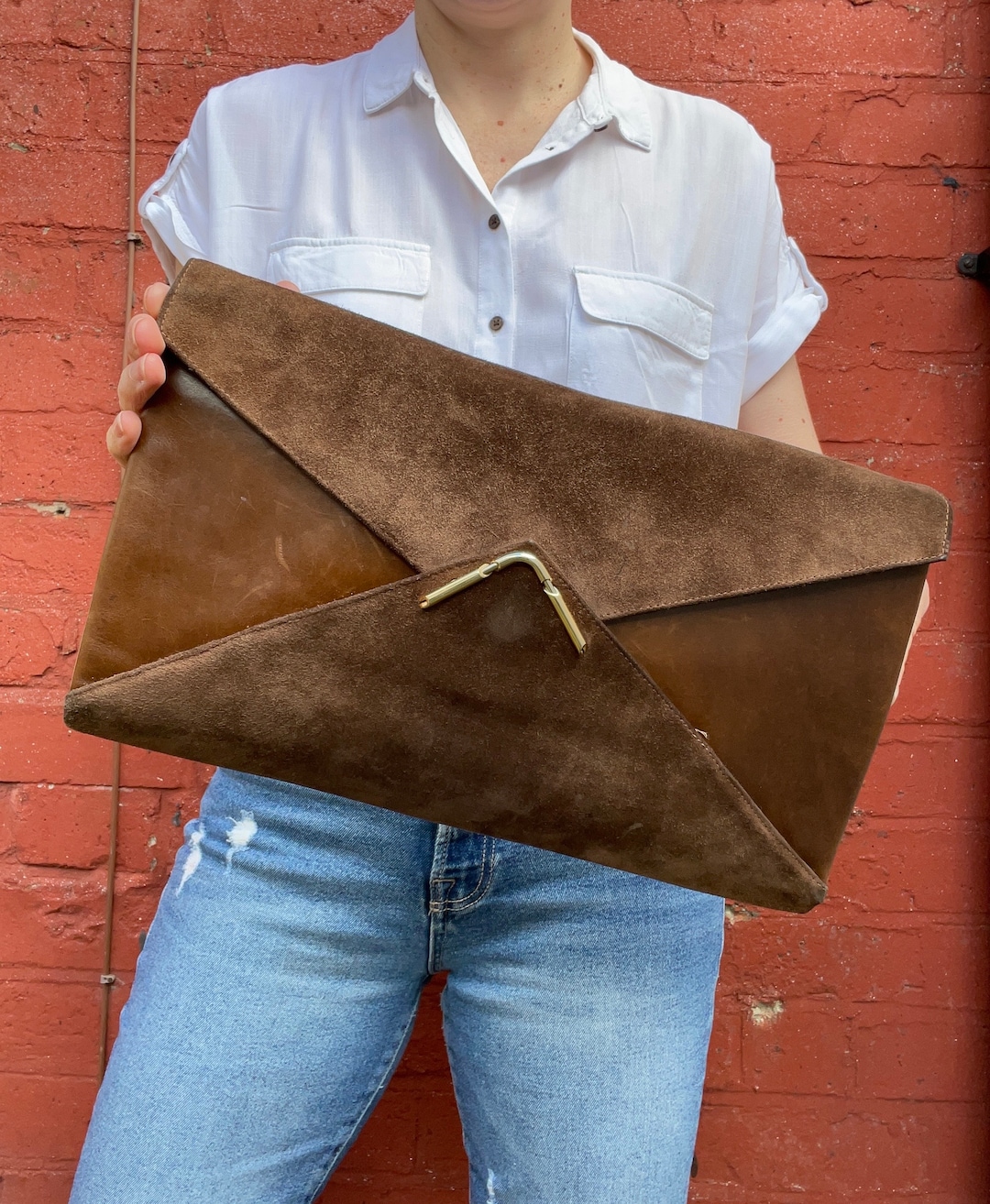 90s Brown Suede & Leather Envelope Shape Clutch Bag With Strap - Etsy
