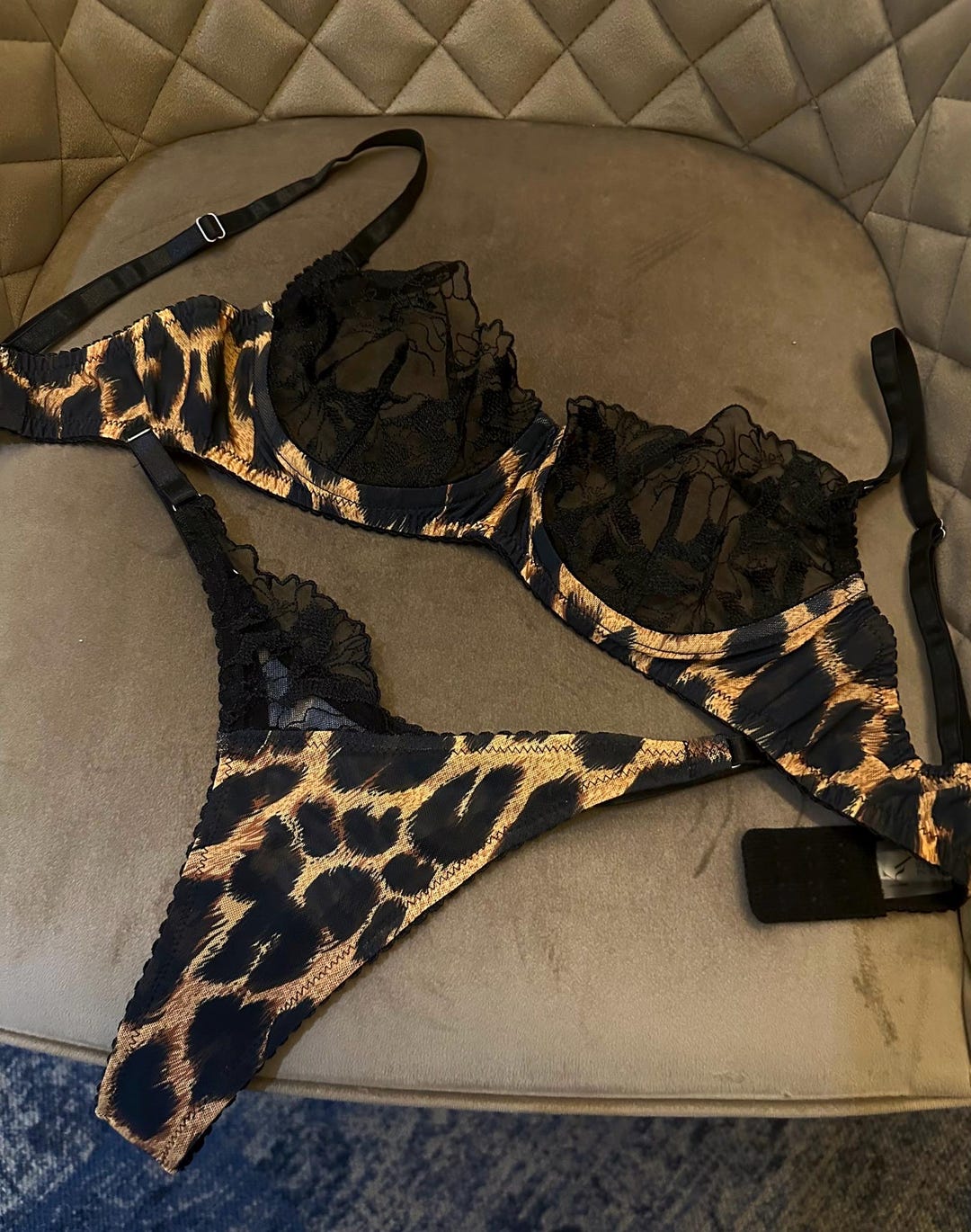 Leopard Lace Lingerie Set – Black Lace Bra and Thong | Animal Print ...