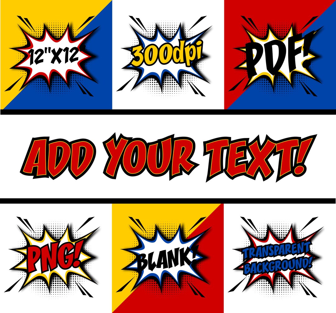 Blank Comics Pop Art Text Templates Superhero Clipart PNG and PDF in ...