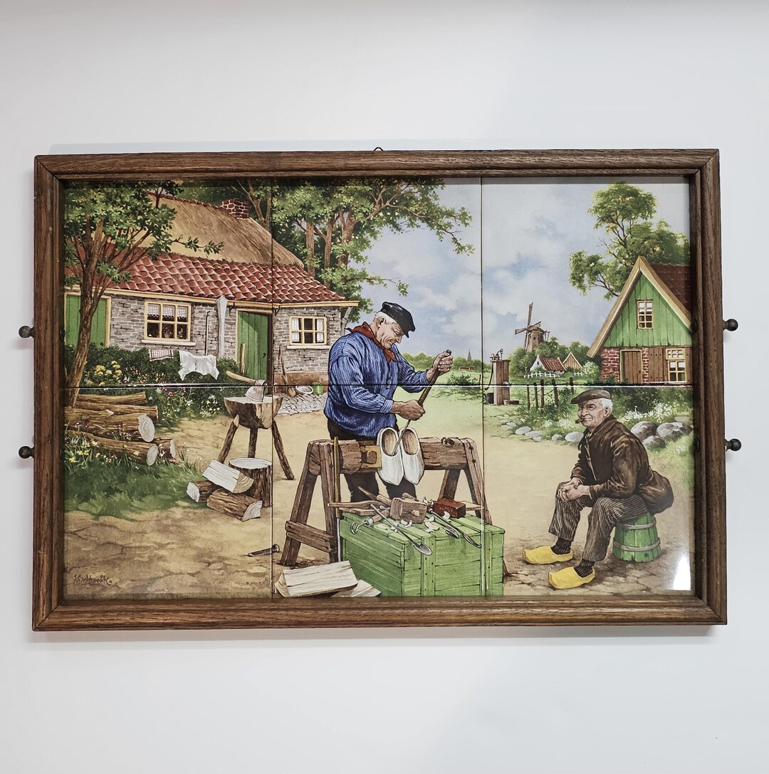 Vintage J.C. Van Hunnik Framed Ceramic Tiles Tray Wall Decor 19.25x13 ...