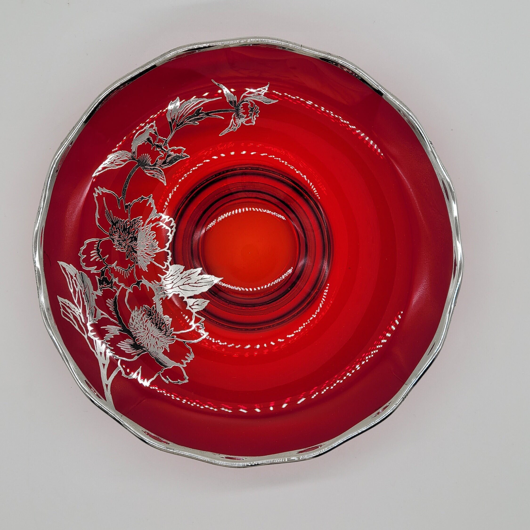 Ruby Red Silver Flowers Overlay Round Glass Dish Valentine's Day - Etsy