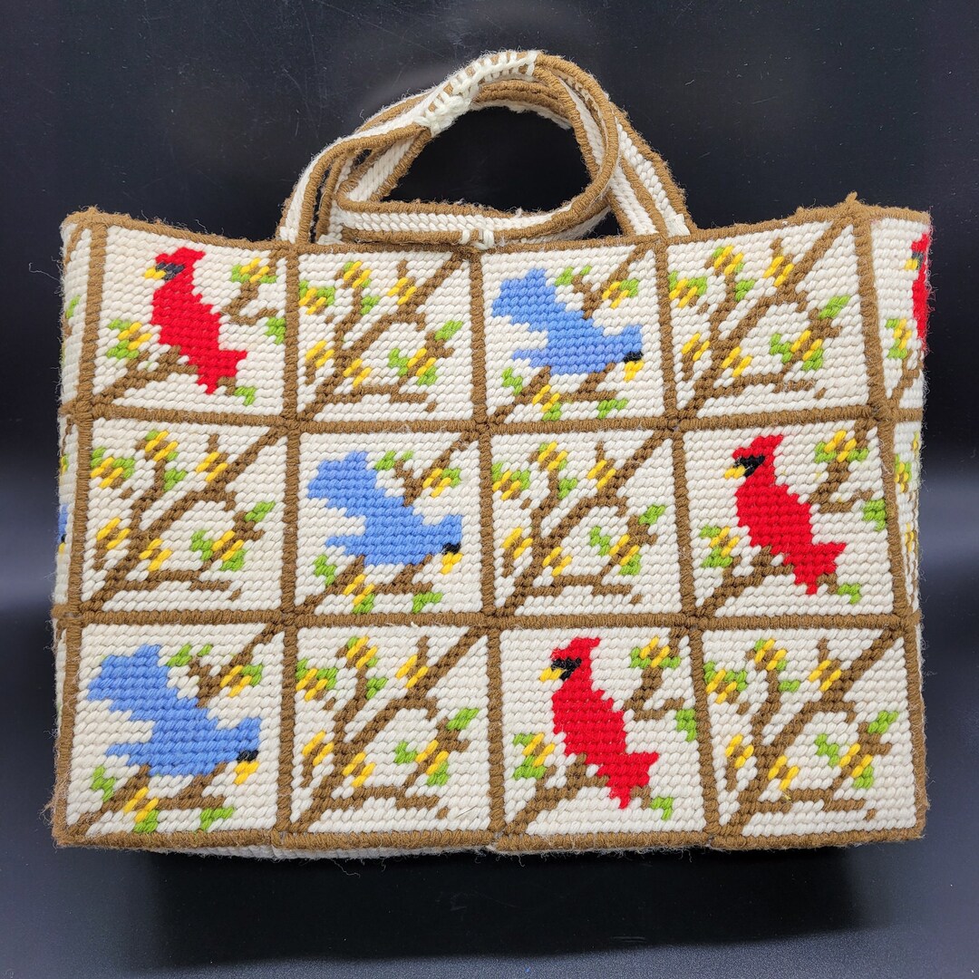 Vintage Needlepoint Purse Tote Bag Plastic Canvas Yarn Cardinals Blue ...