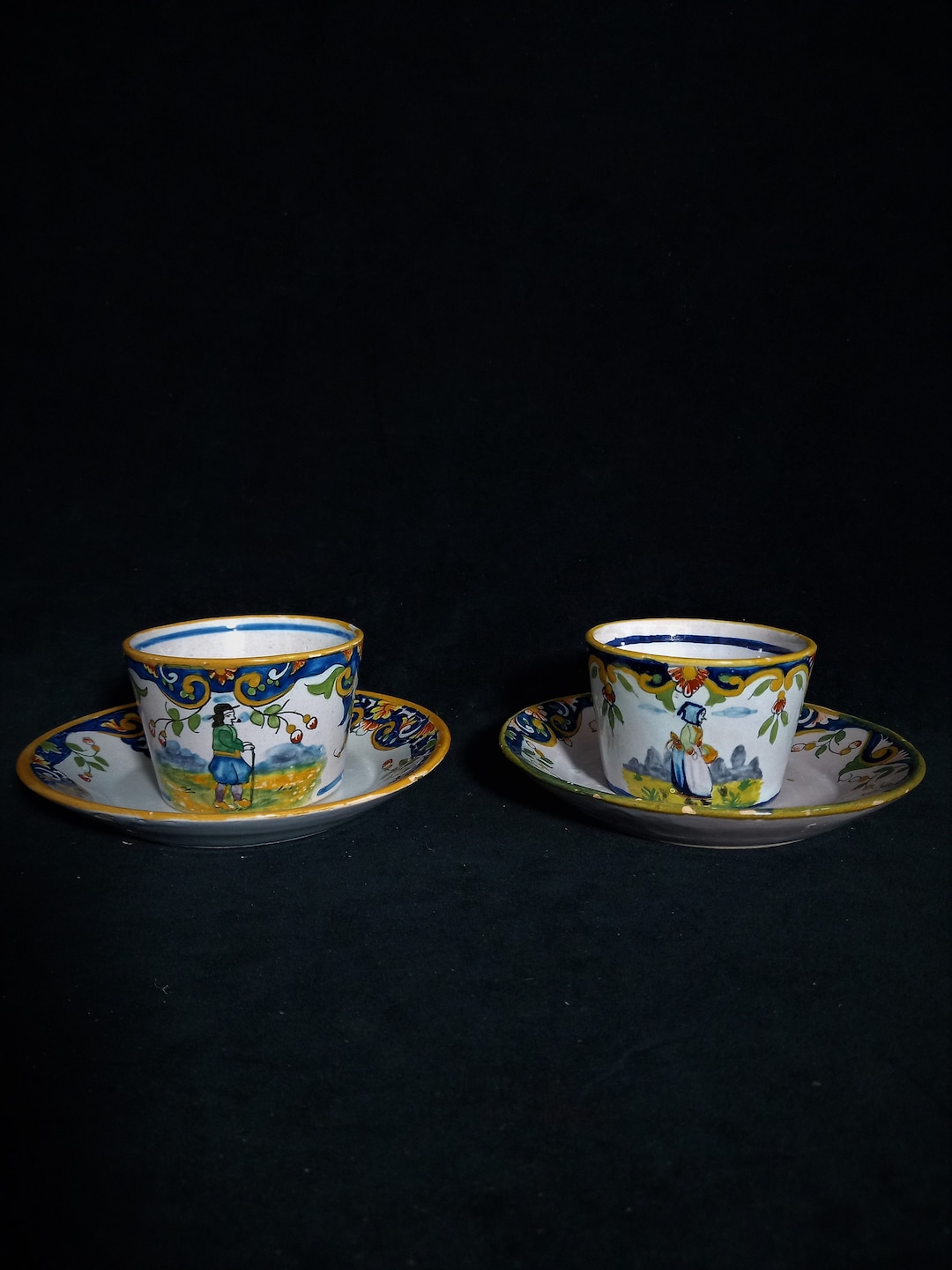 Pair of Antique Quimper Faience Cups and Saucers Hand Painted With ...