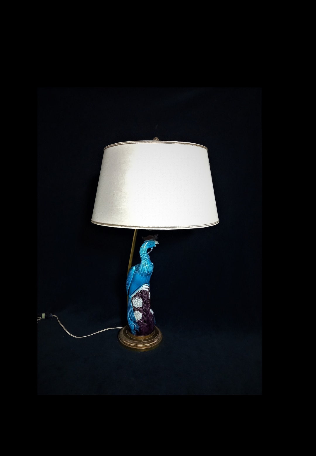 Large Table Lamp With Ceramic Peacock and Beige Silk Lampshade - Etsy
